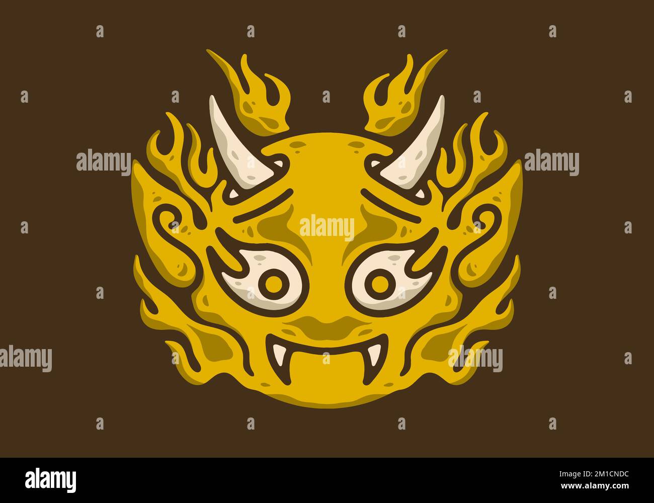 The illustration drawing of devil face with horns and flames Stock ...
