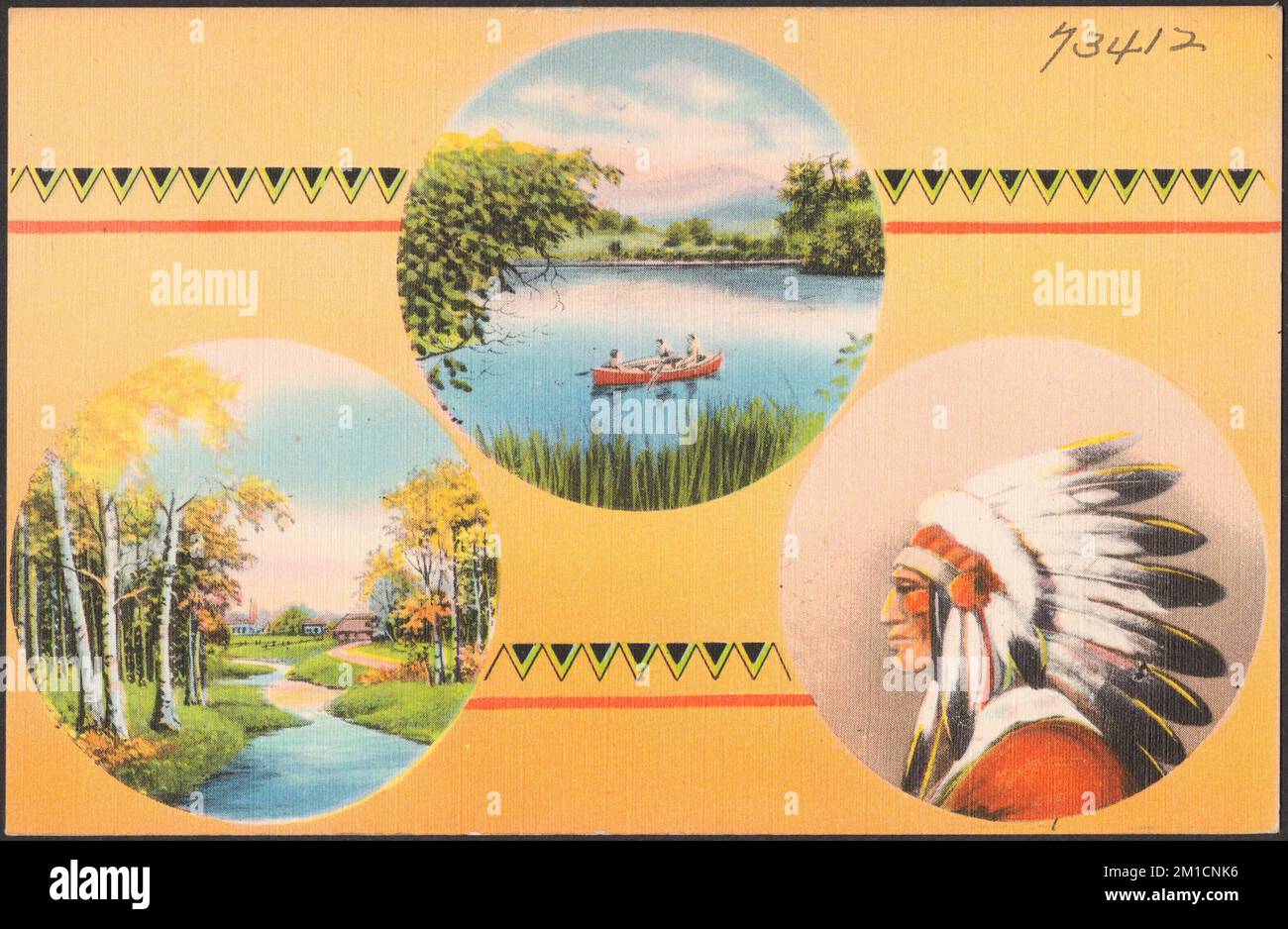 A boat out in the water. A tree-lined river. A Native American man ...