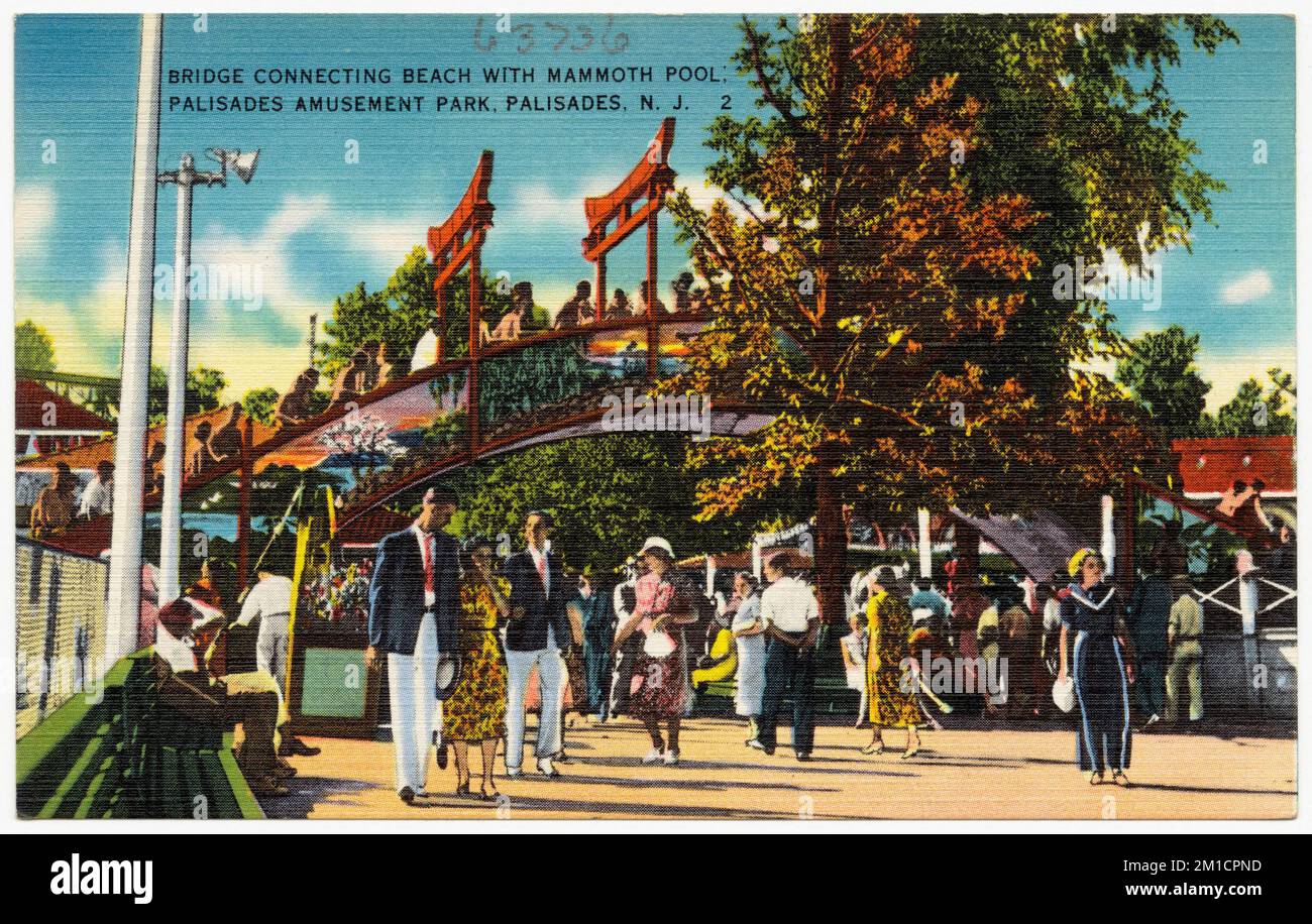 Bridge connecting beach with mammoth pool, Palisades Amusement Park ...