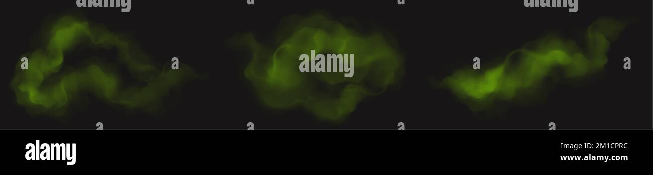 Set of green smoke clouds isolated on black background. Realistic ...