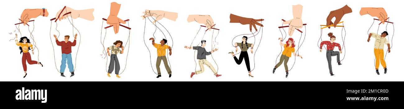 Puppet people controlled by puppeteer hand set on white background ...