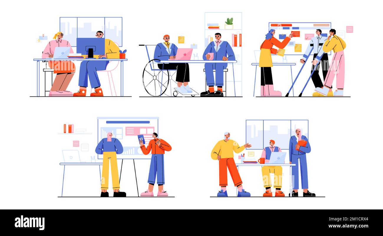 Set of business people discuss project in office. Employees meeting ...