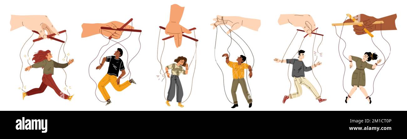 Set of people hang on ropes. Puppeteer hands controlling puppets ...