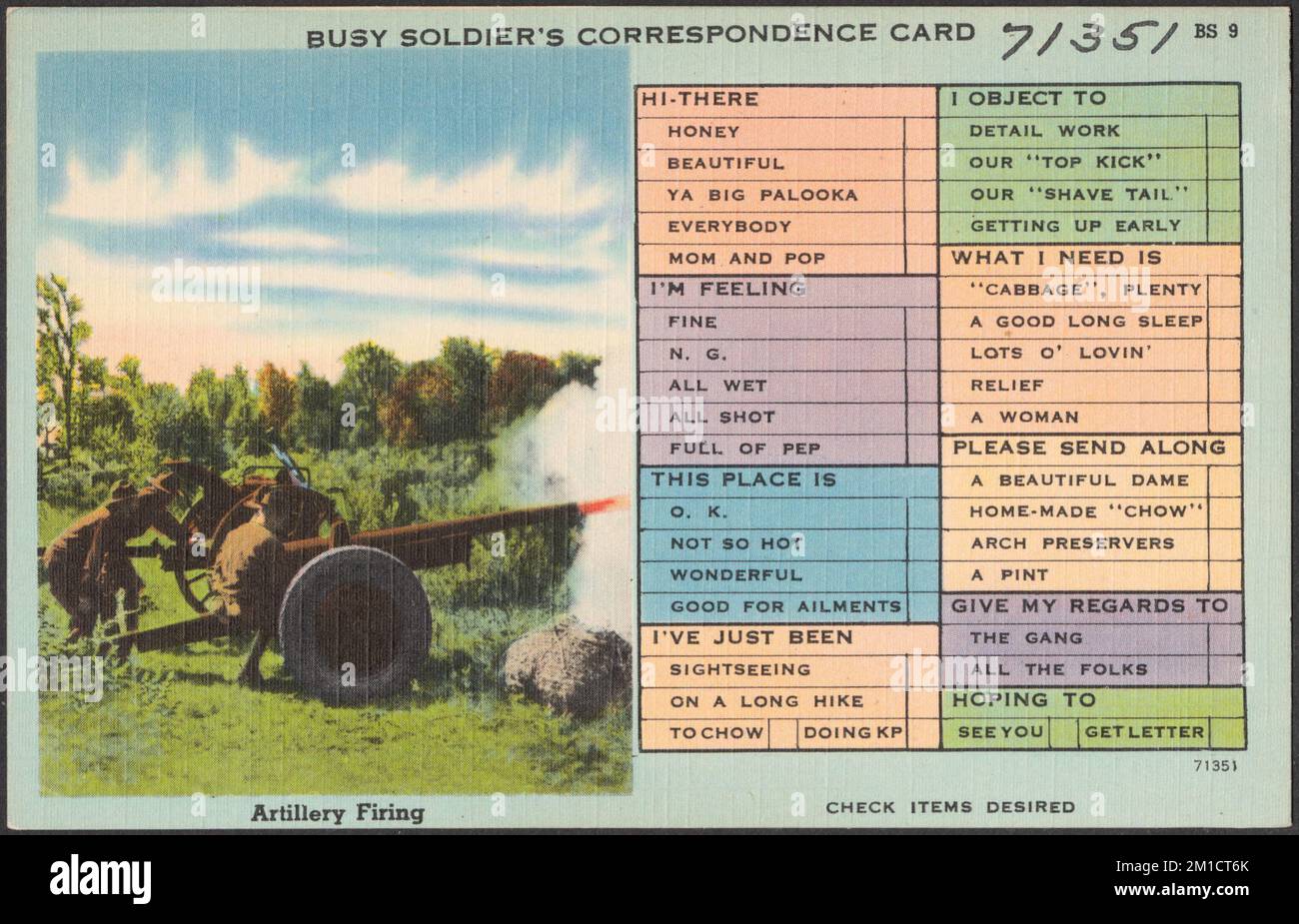 Busy soldier's correspondence card. Artillery firing , Artillery ...