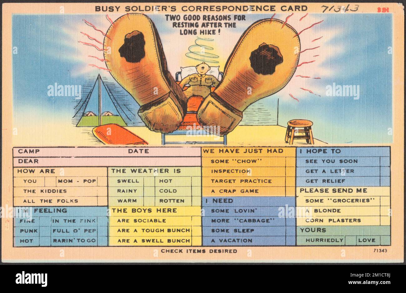 Busy soldier's correspondence card. Two good reasons for resting after ...