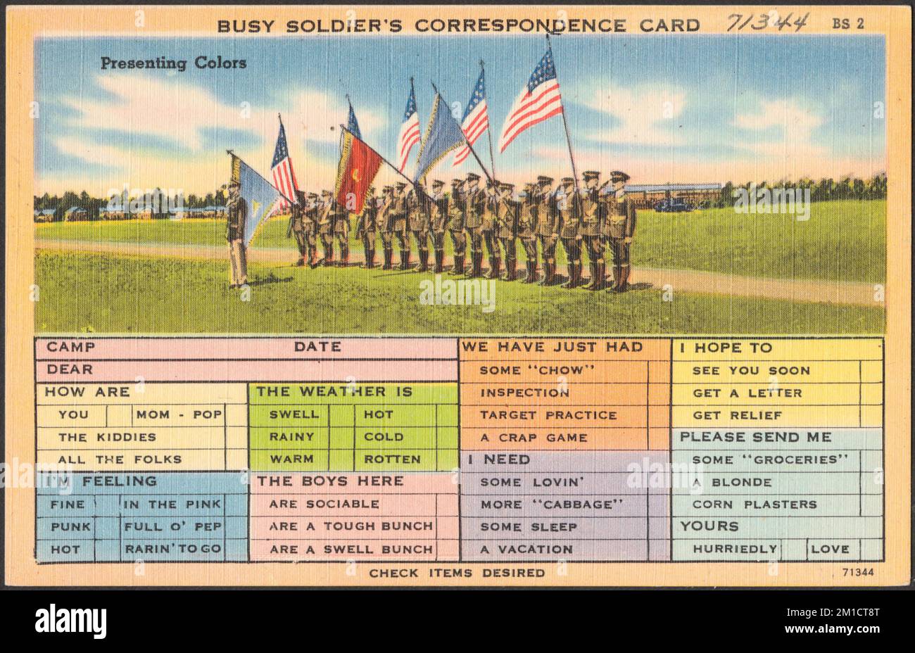 Busy soldier's correspondence card. Presenting colors , Military ...