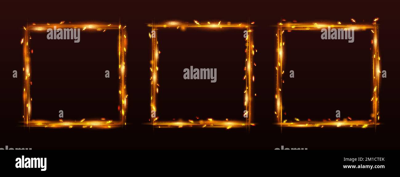 Frames with fire sparkle effect, square borders with glowing sparks of ...