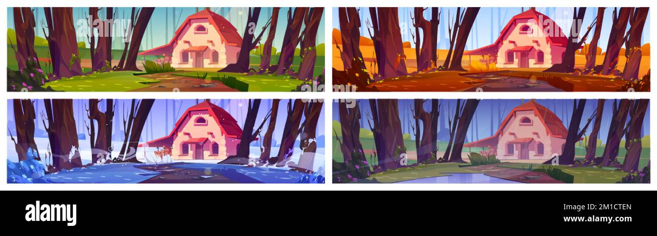 Stone farm house on forest glade in different seasons. Winter, summer ...