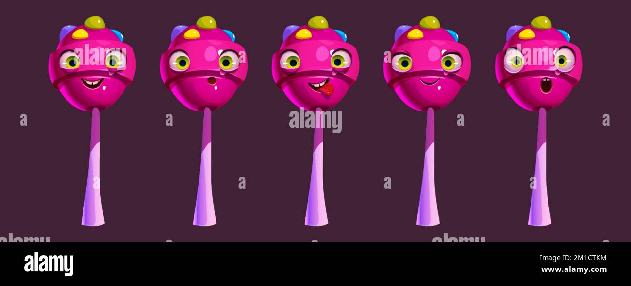 Funny lollipop character face emoji set, cartoon pink candy on stick ui ...