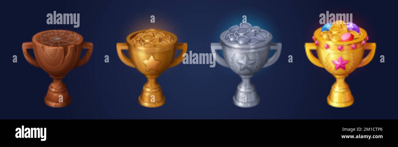 Rank trophies, gold, silver, bronze and wooden cups with money and gems ...