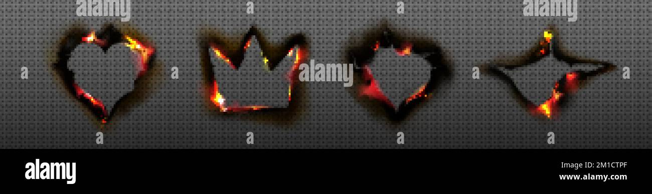 Burn paper holes and borders, burnt page in shape of heart and crown ...