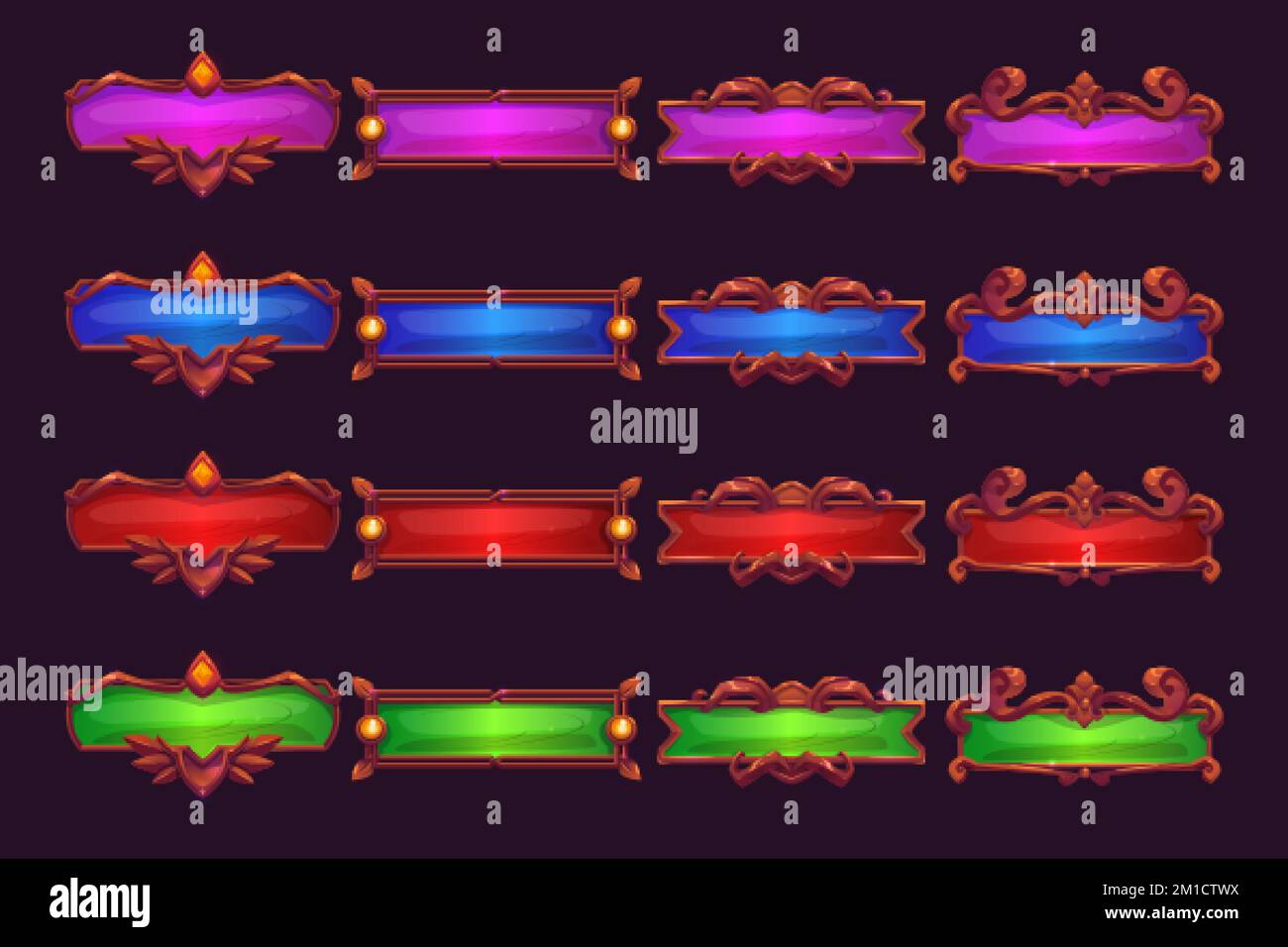 Medieval game menu frames, ui elements, buttons, plaques. Purple, blue, red and green banners ...