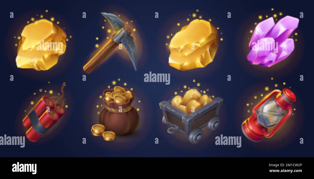 Game mining props icons dynamite, golden coins in sack, pickaxe and ...