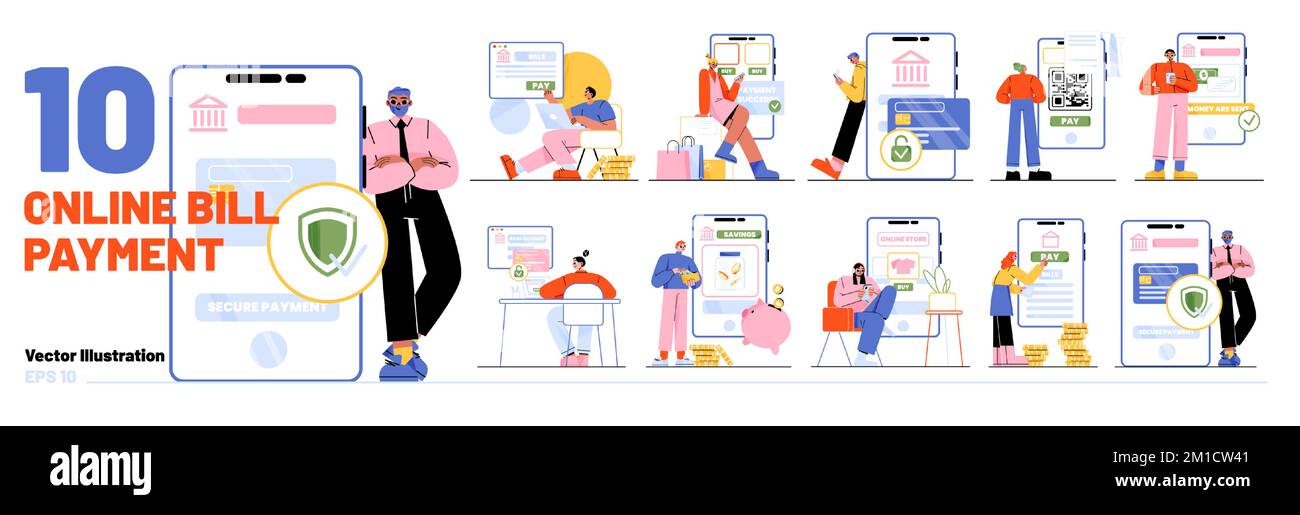 Set of online payment scenes isolated on white background. Vector ...