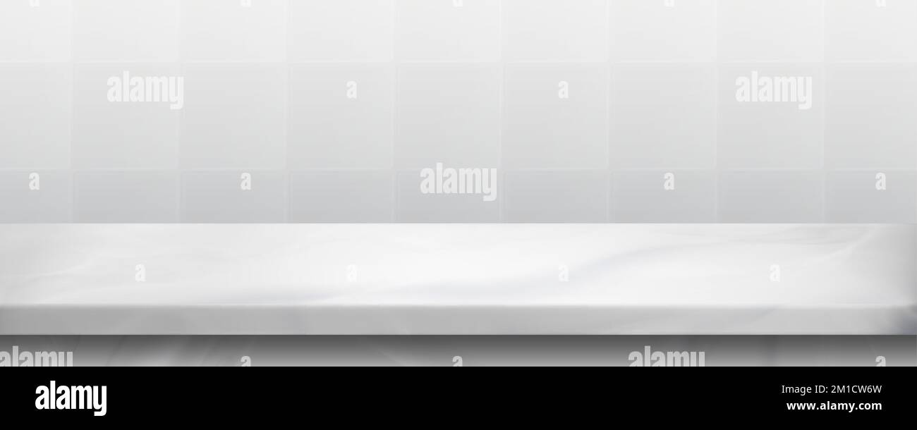 White marble countertop and tile wall. Empty bathroom shelf, kitchen ...