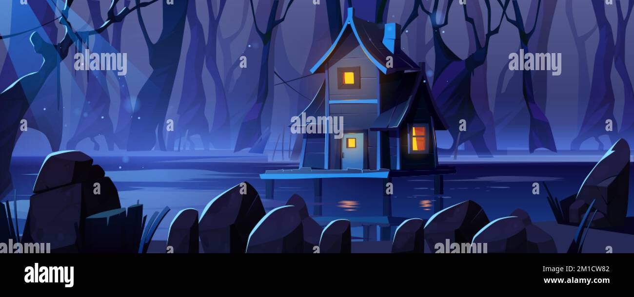 Stilt house in swamp in forest at night. Deep dark woods landscape with ...