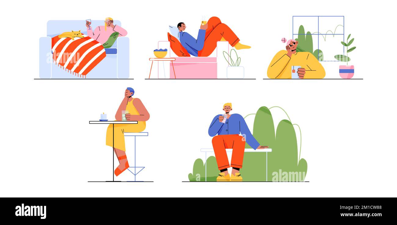 People drink, relax at home, bar and outdoors. Lazy male and female ...