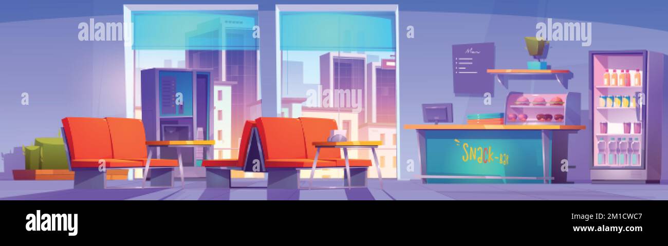 Empty snack bar interior with furniture and food, beverages in fridge ...