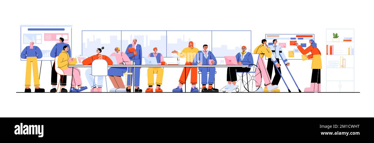 Business people discuss project in office. Employees meeting, disputing ...