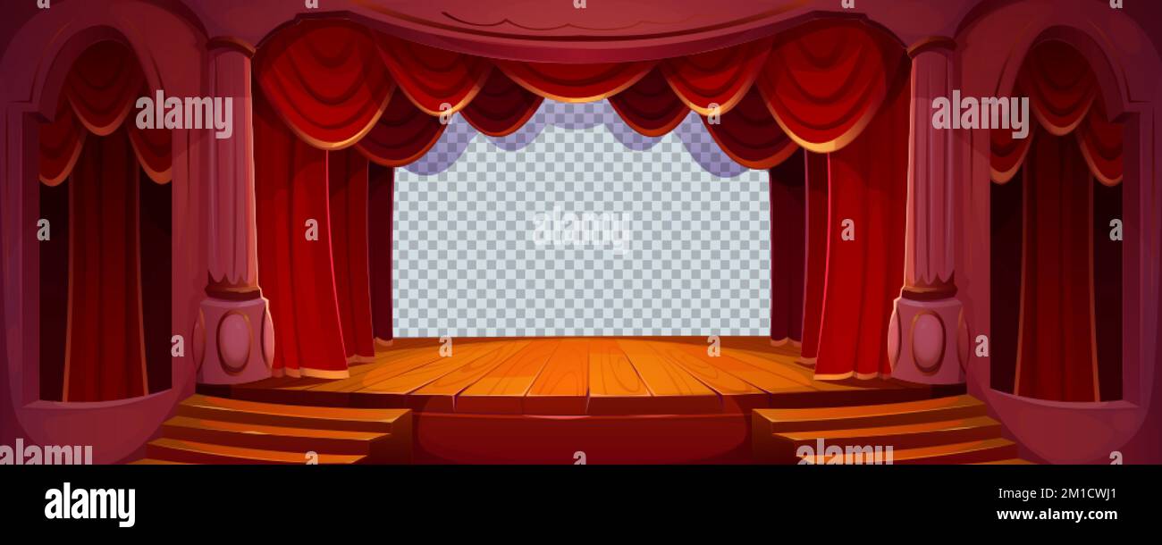 Theater stage with red curtains, columns, wooden floor with stairs and ...