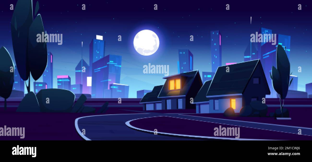 District with suburban houses and city skyline at night. Summer ...