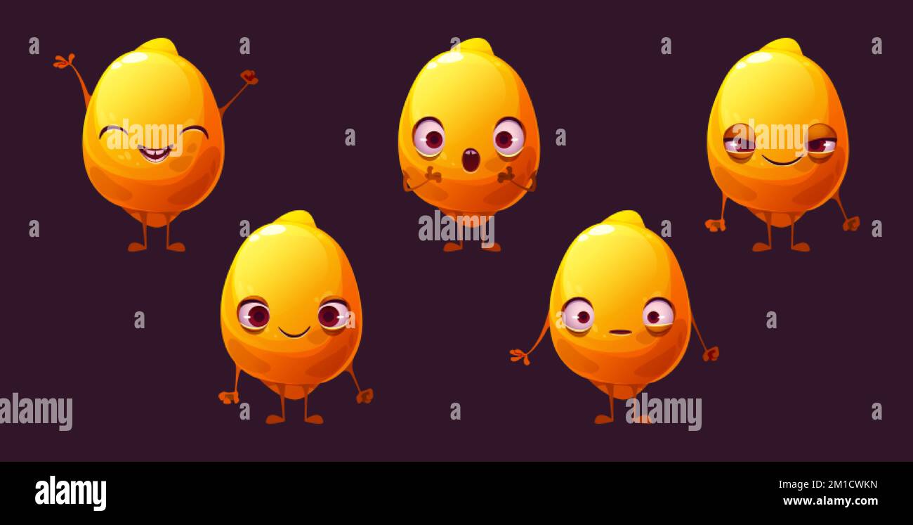 Cute lemon, yellow citrus fruit character with different facial ...