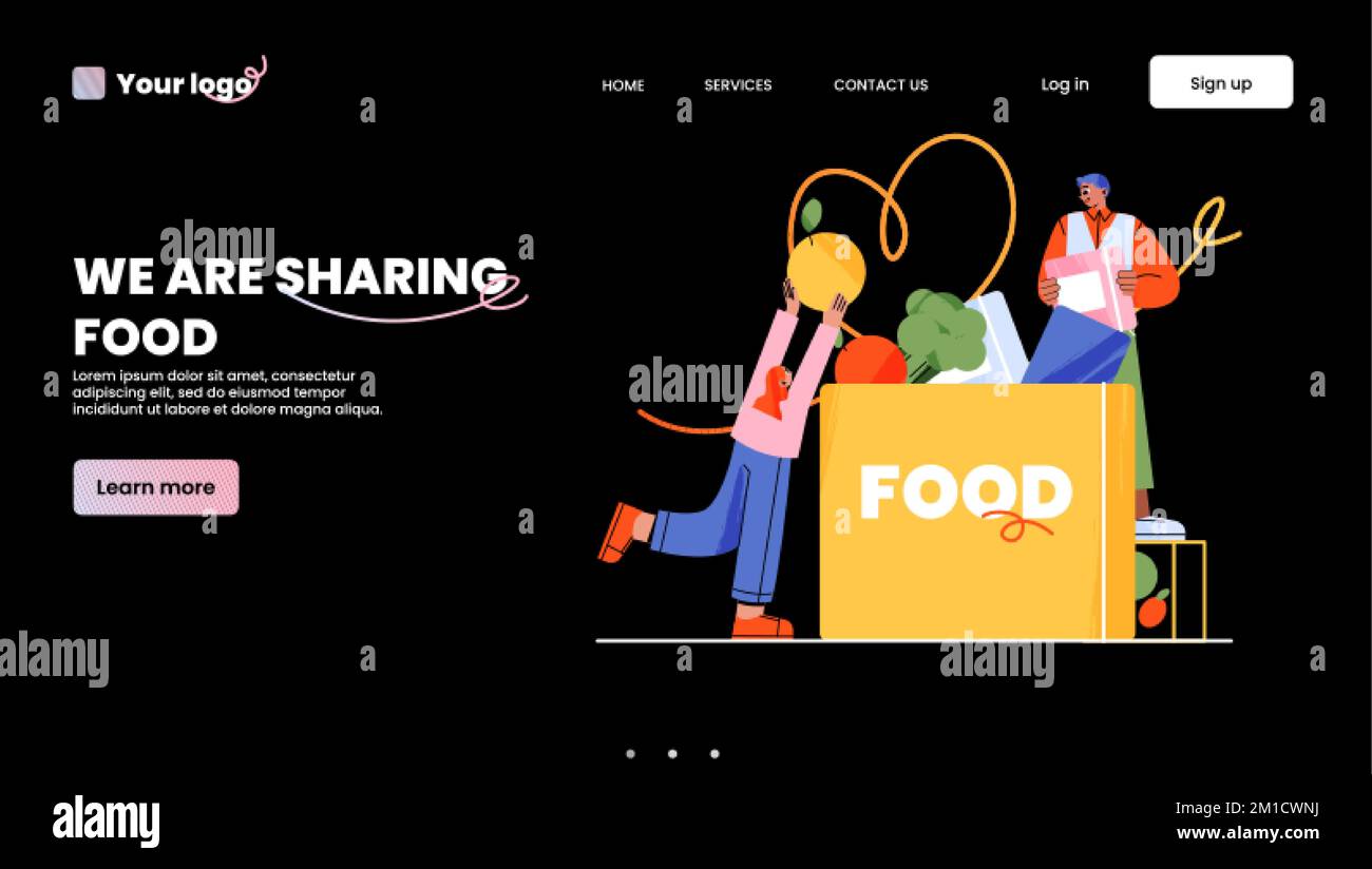 Food sharing landing page template. Flat characters donating meal into ...
