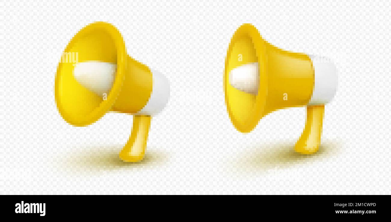 Set of yellow 3D megaphone isolated on transparent background, angle ...