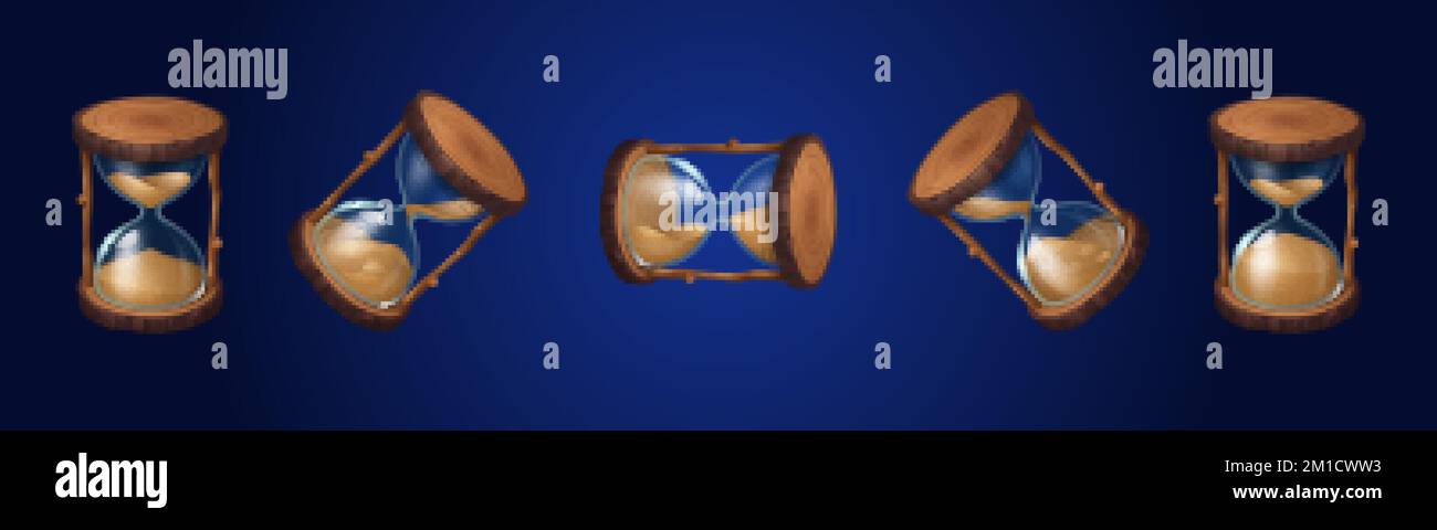 Hourglass with wood circles, transparent glass, sticks and sand inside ...