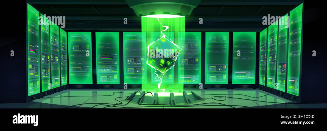Futuristic data center interior or server room with hardware and ...