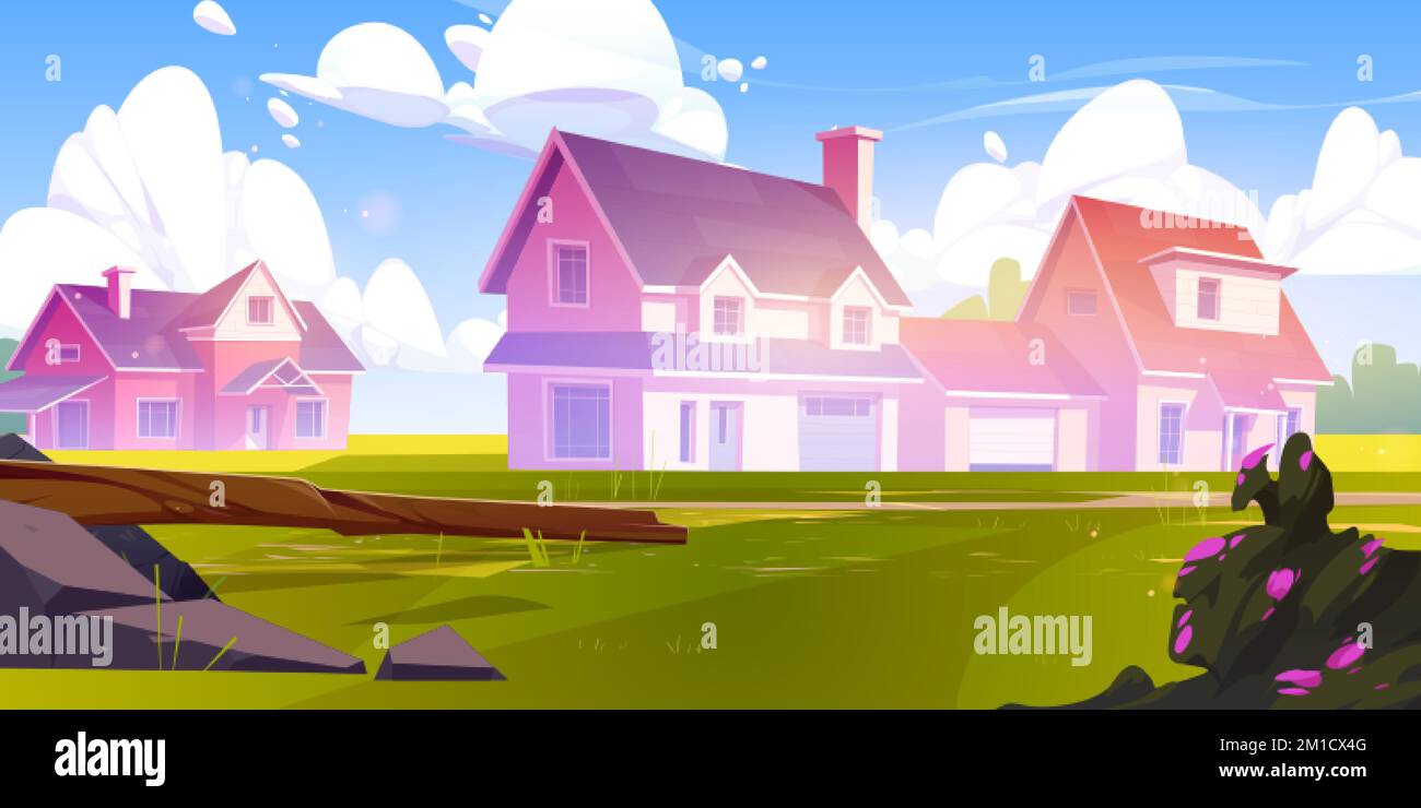 Suburb houses at summer landscape, suburban residential cottages ...