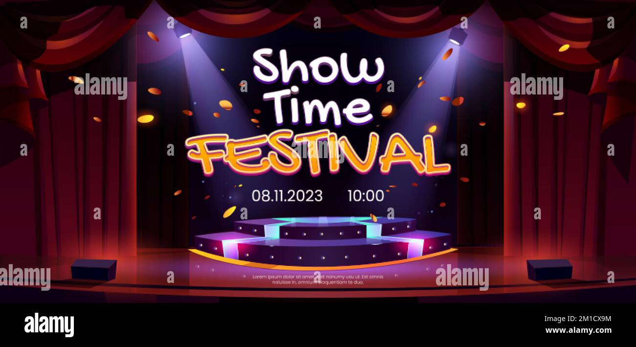 Show time festival banner, theater stage, podium, spotlights, red ...