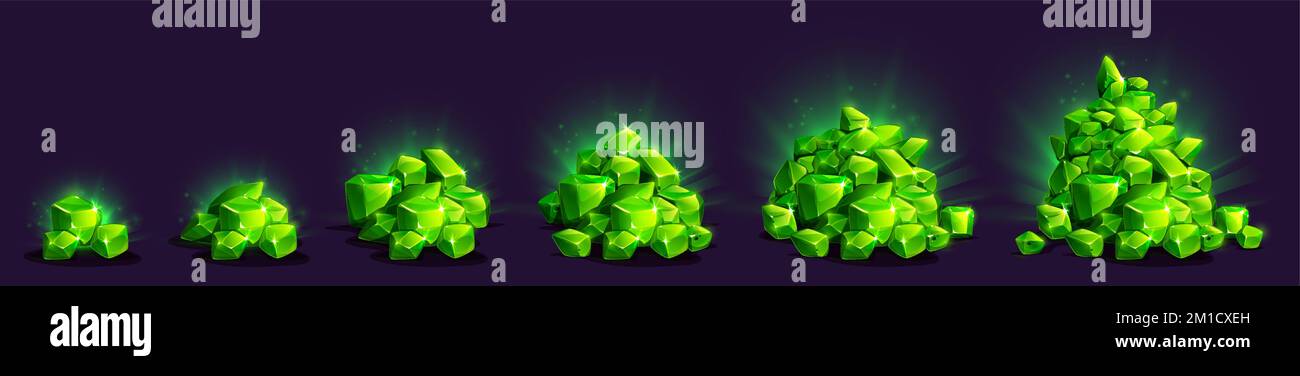 Game treasure icons, piles of emerald crystals. Shiny cut green ...