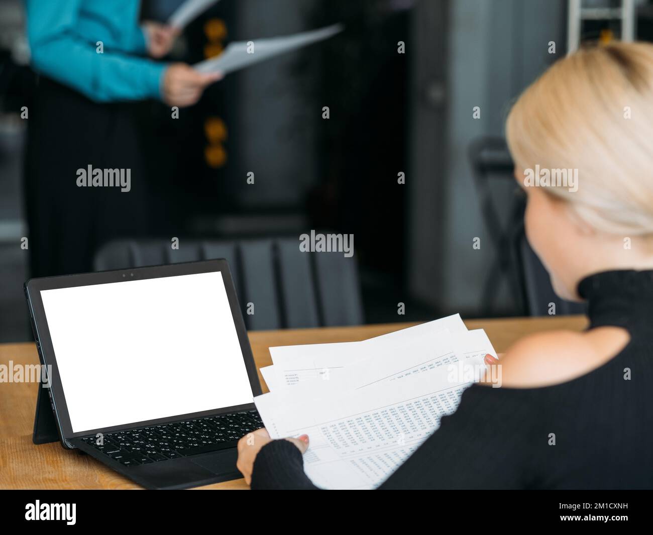 financial report female accountant digital mockup Stock Photo - Alamy