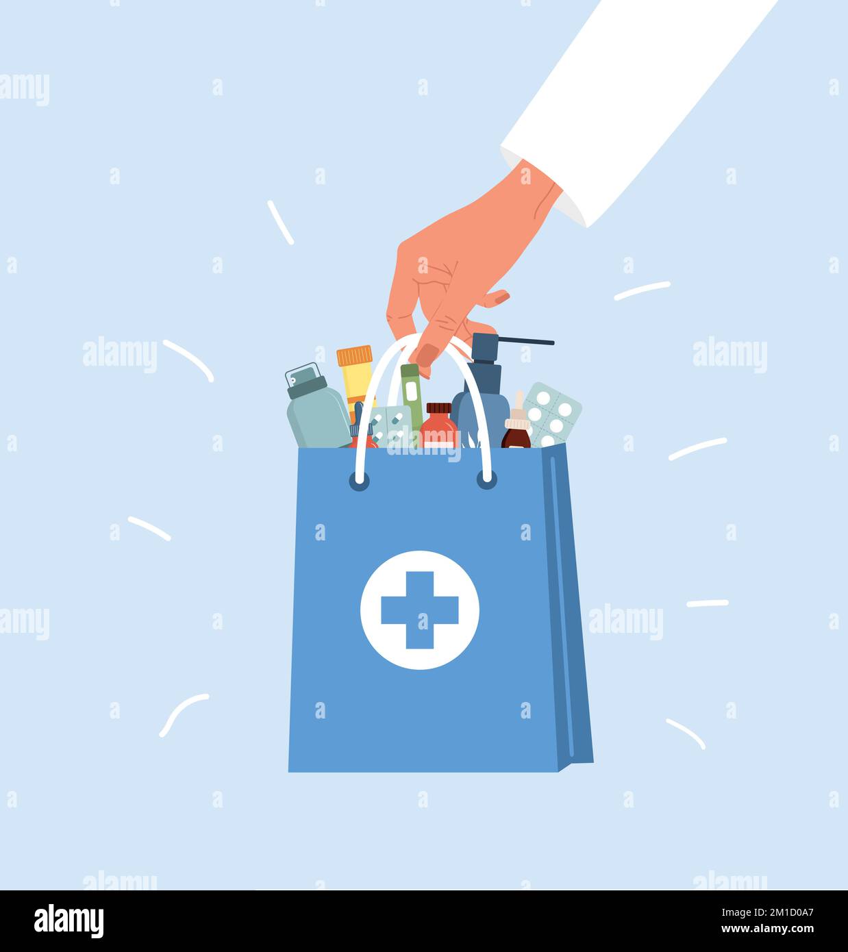 Delivery pharmacy service. Human hand holding paper bag with drugs and ...