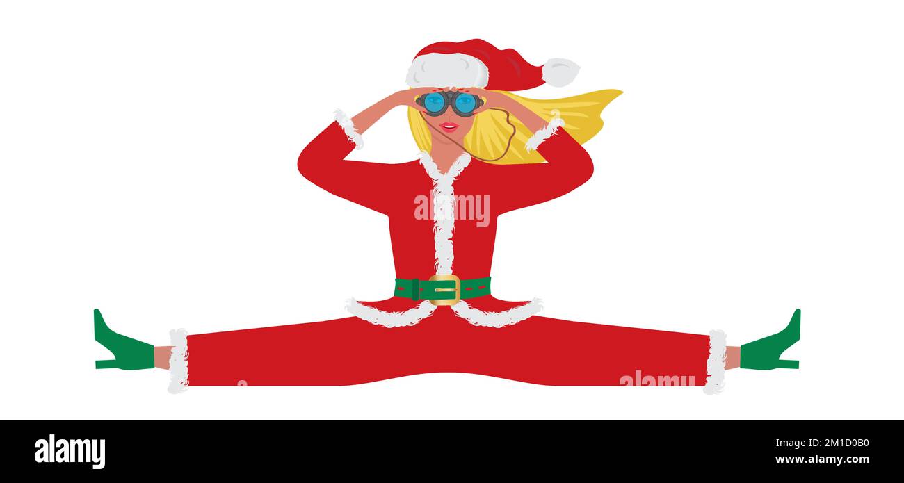 Woman, girl as Santa Claus, sitting in split and look through ...