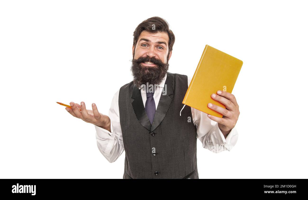 Doubting in his knowledge. Bearded man hold book and pen. Exam ...