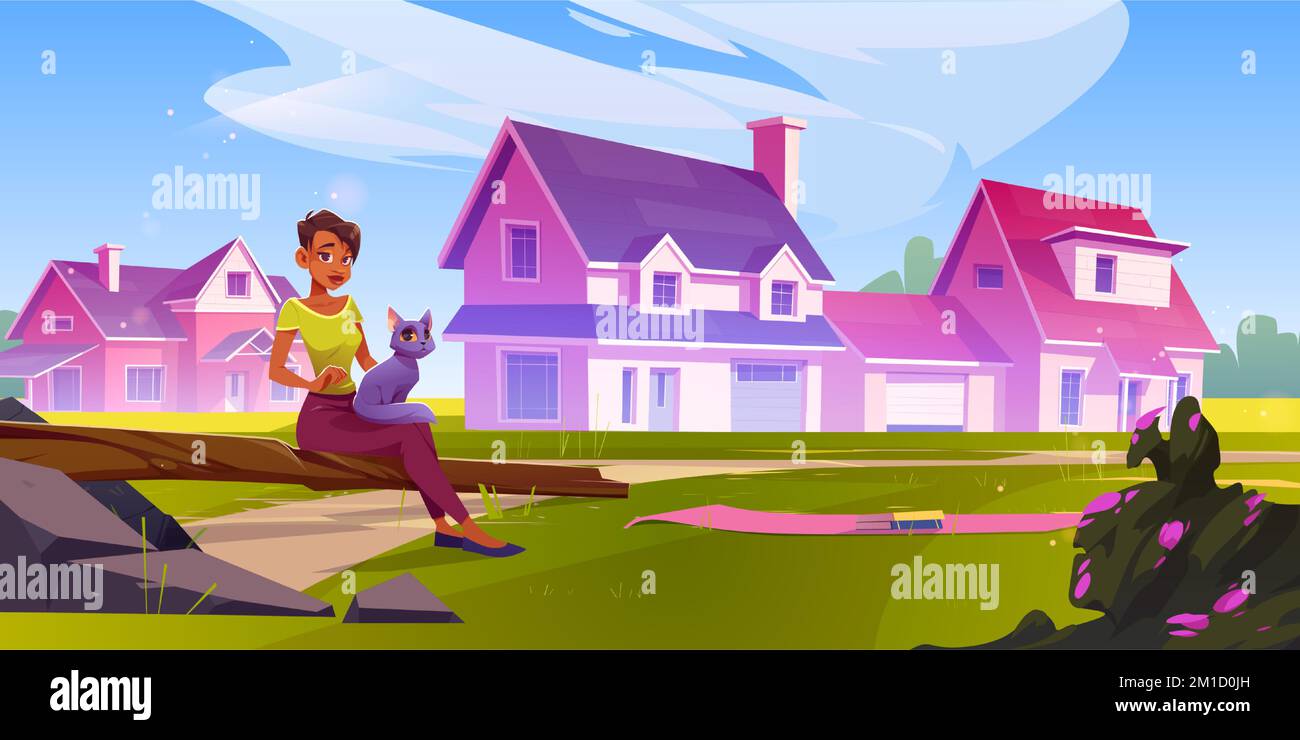 Girl with cat sitting on log on green lawn with village houses on ...