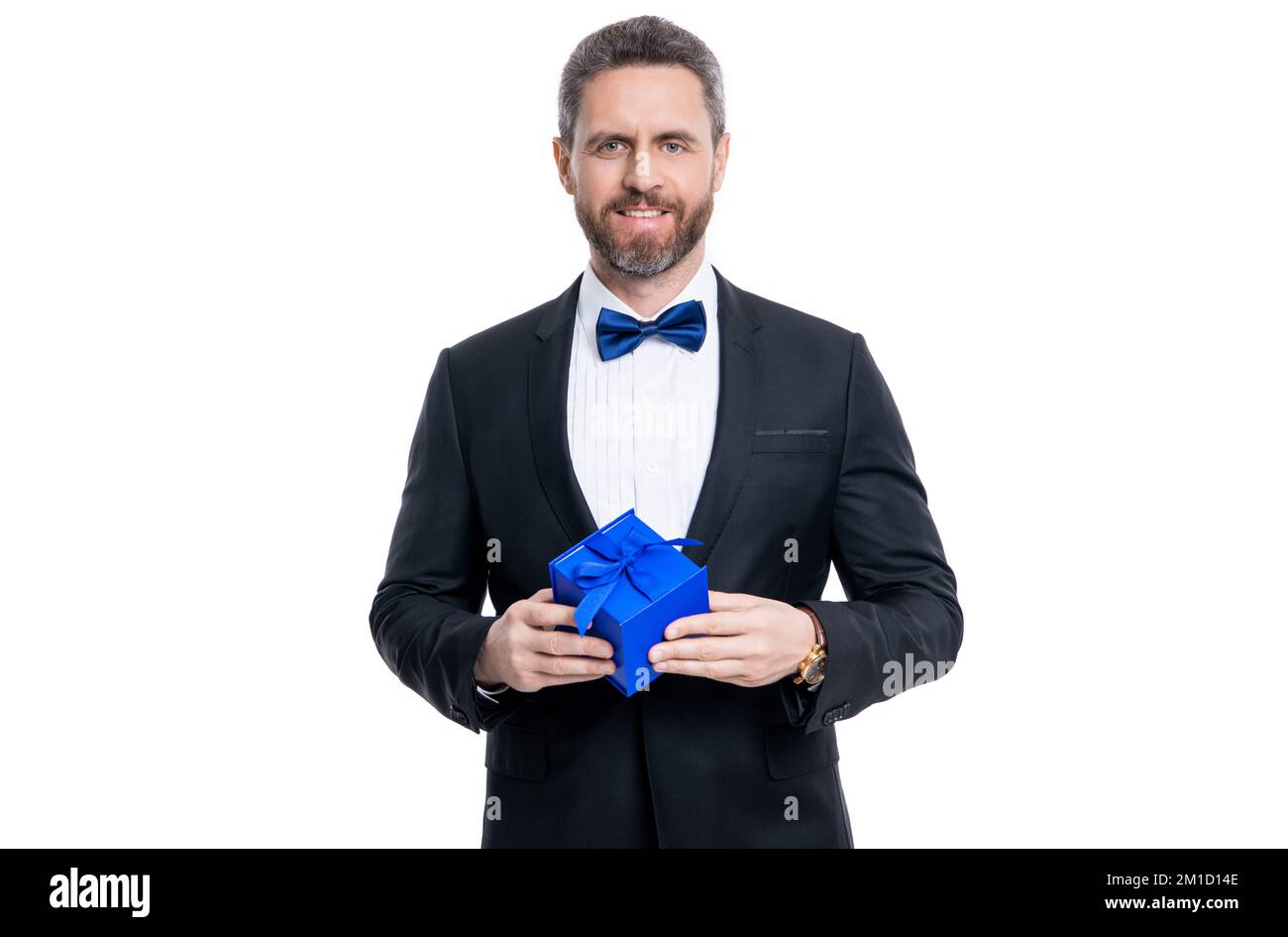 happy tuxedo man with occasion present isolated on white background ...