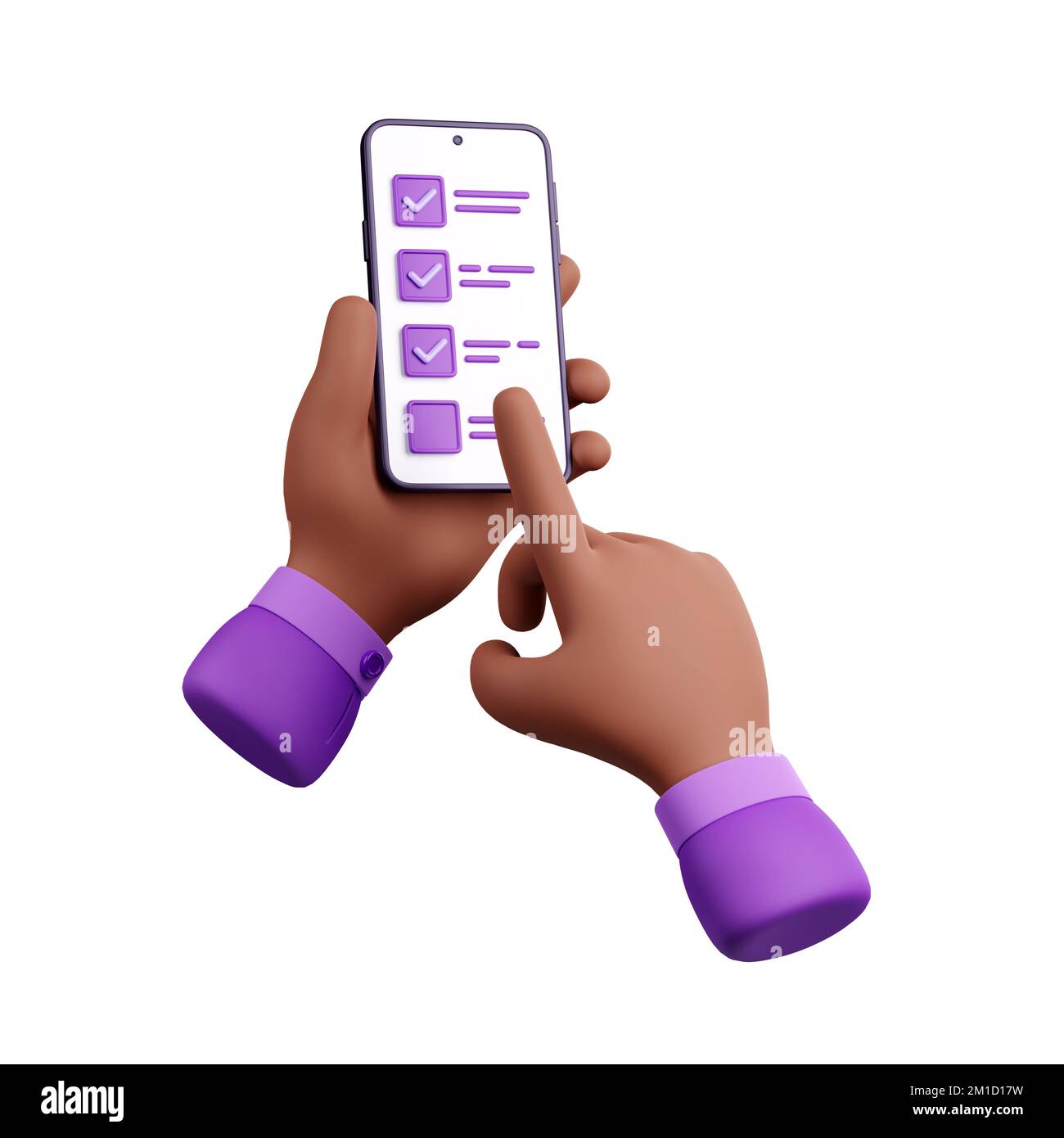 3d render smartphone in black hands with finger fill online survey or ...