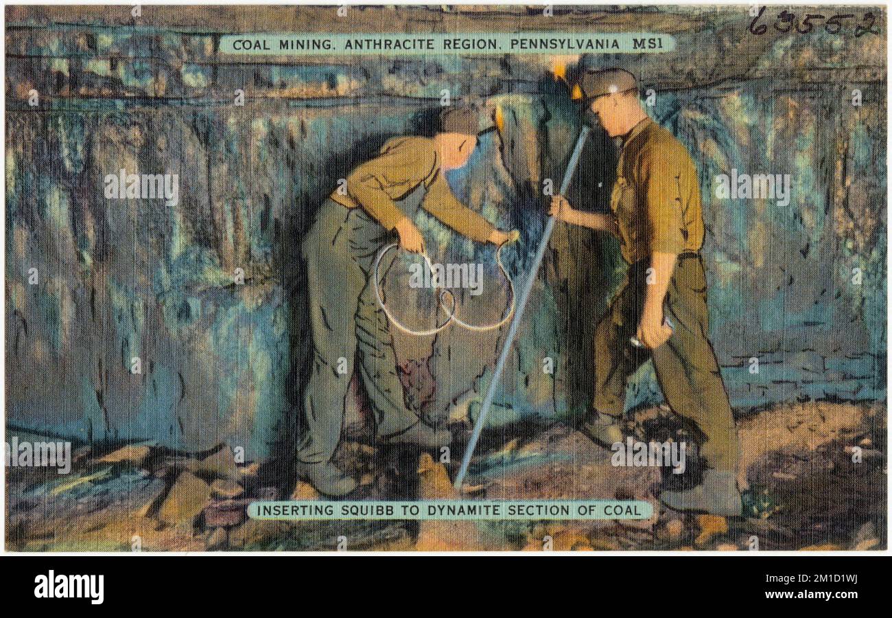 Coal mining, Anthracite Region, Pennsylvania. Inserting squibb to ...