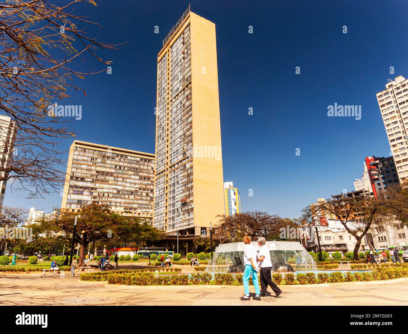 The people walking in front of the JK Building in Raul Soares Square in Belo Horizonte, Brazil ...