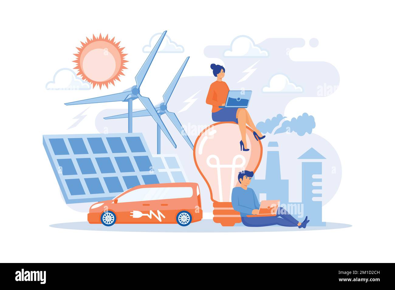 People around huge lamp analyzing power data. Renewable energy, power ...