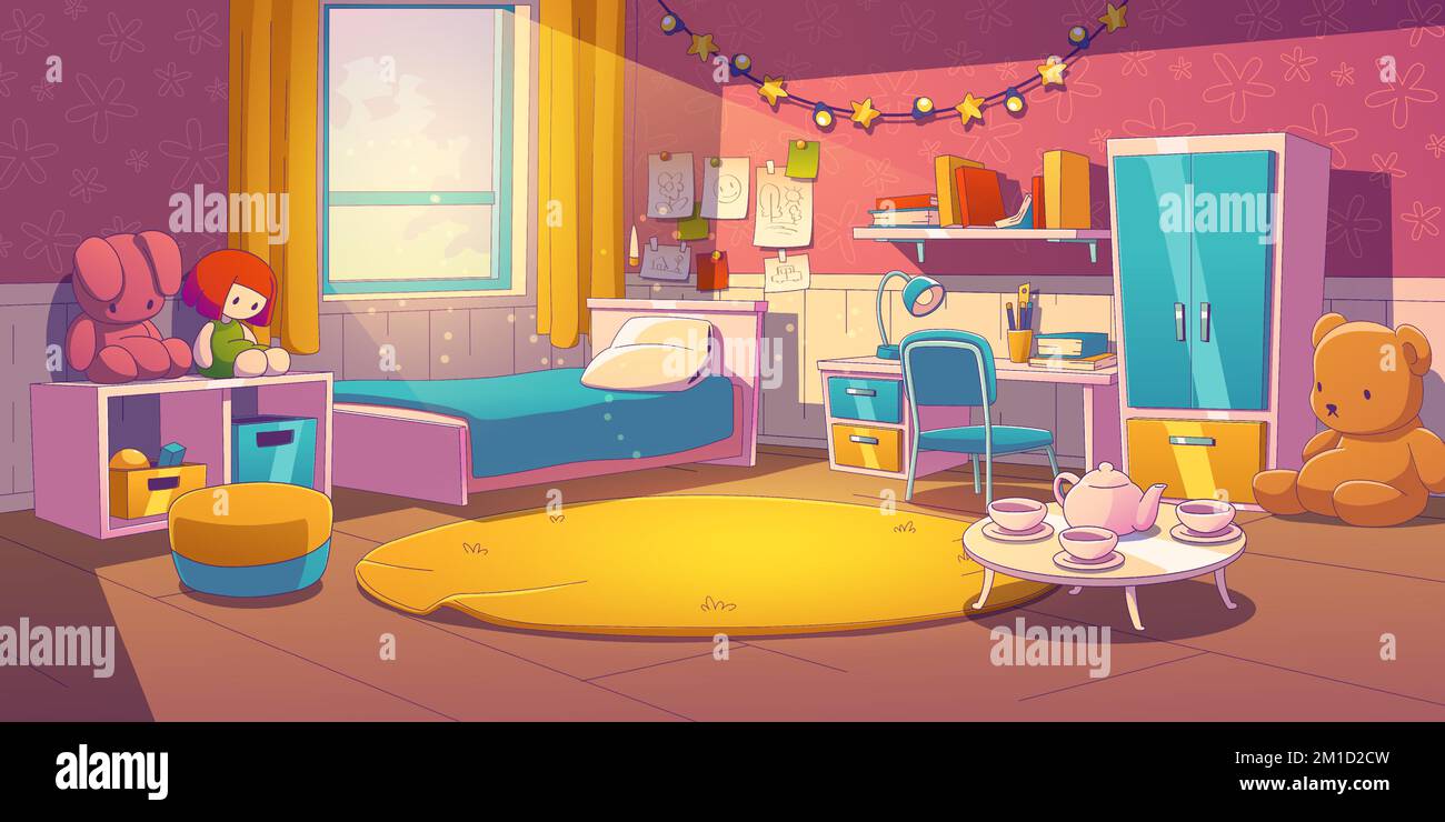 Girl bedroom with bed, toys, table and wardrobe. Empty kids room ...