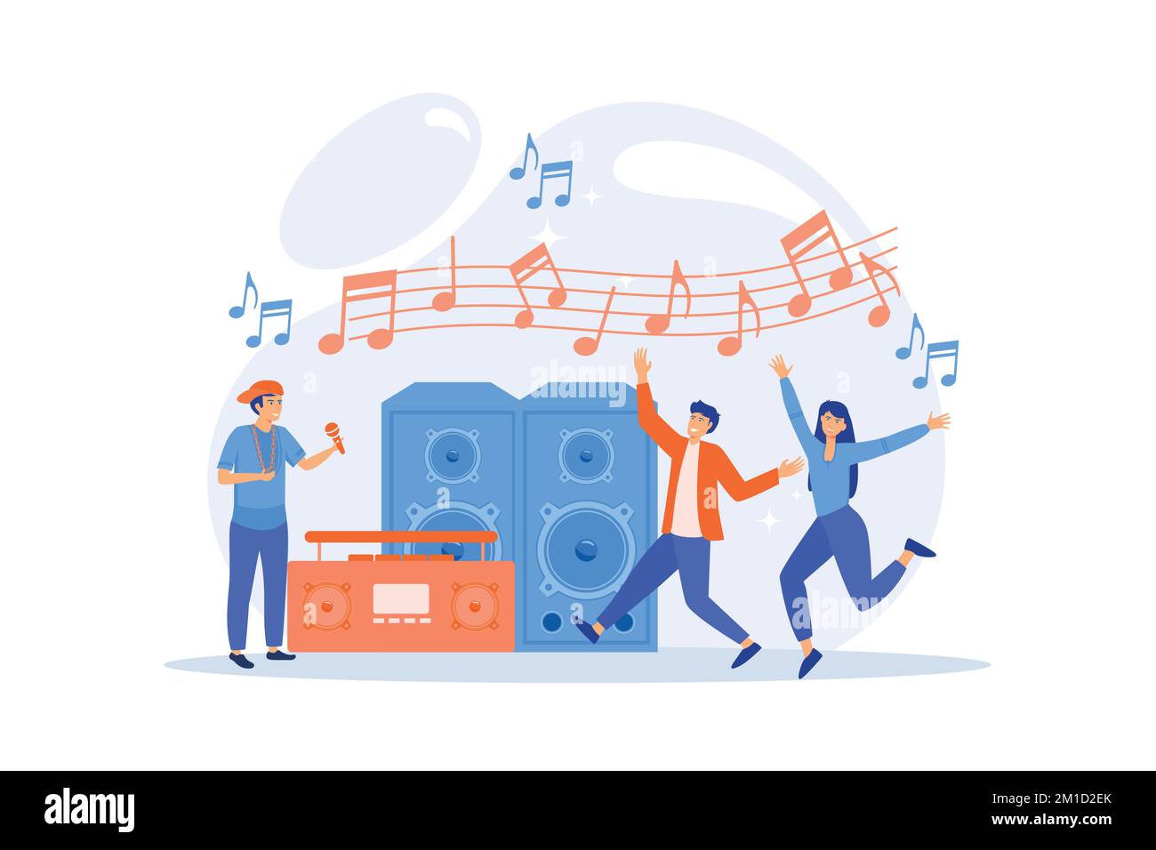 Hip hop singer with microphone at music speaker and tiny people dancing ...