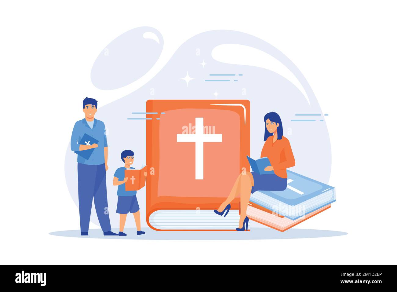 Tiny people christians reading the Holy Bible and learning about Christ ...