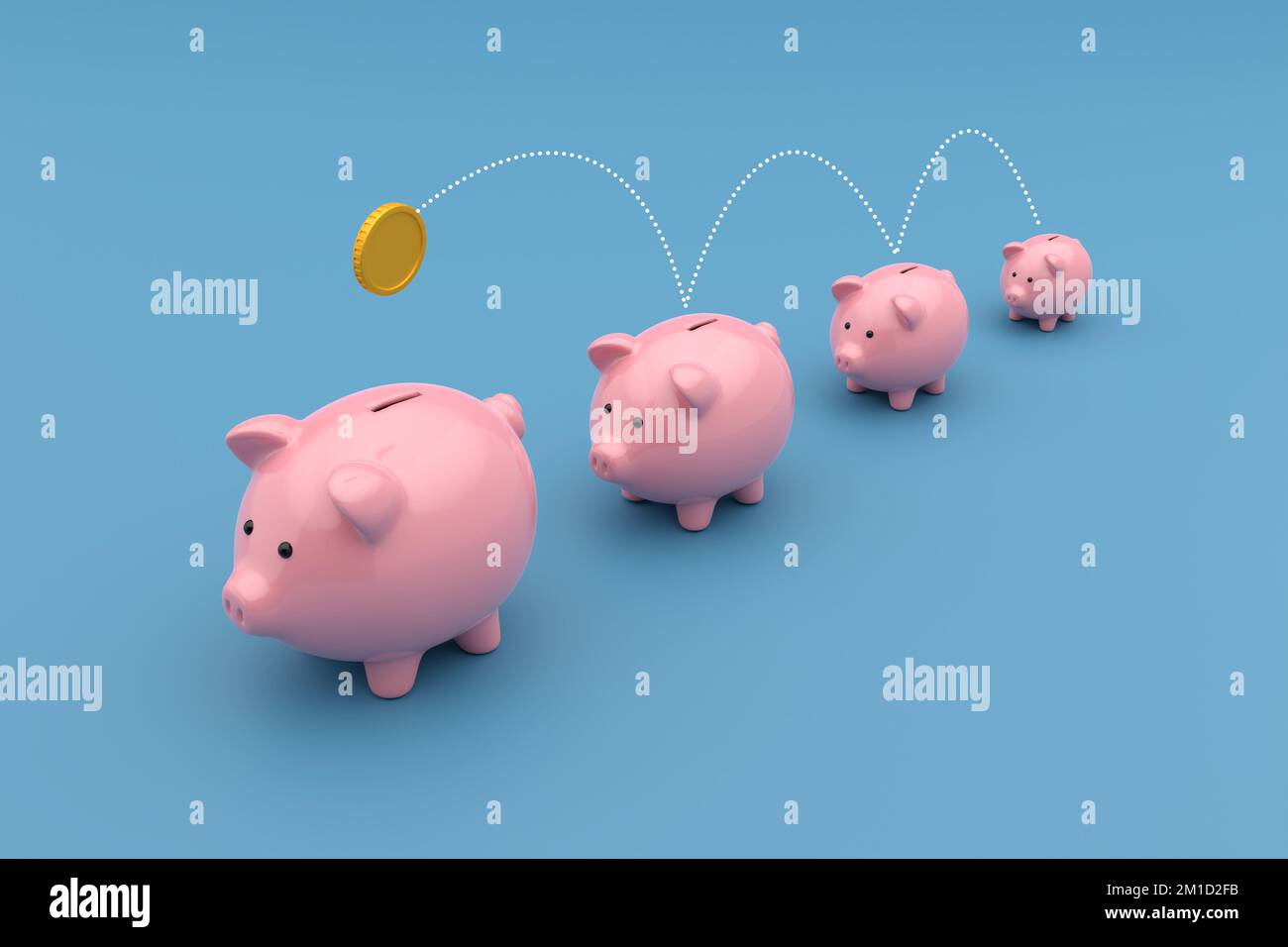 Pink piggy banks with jumping gold coin. Saving money, investment and ...