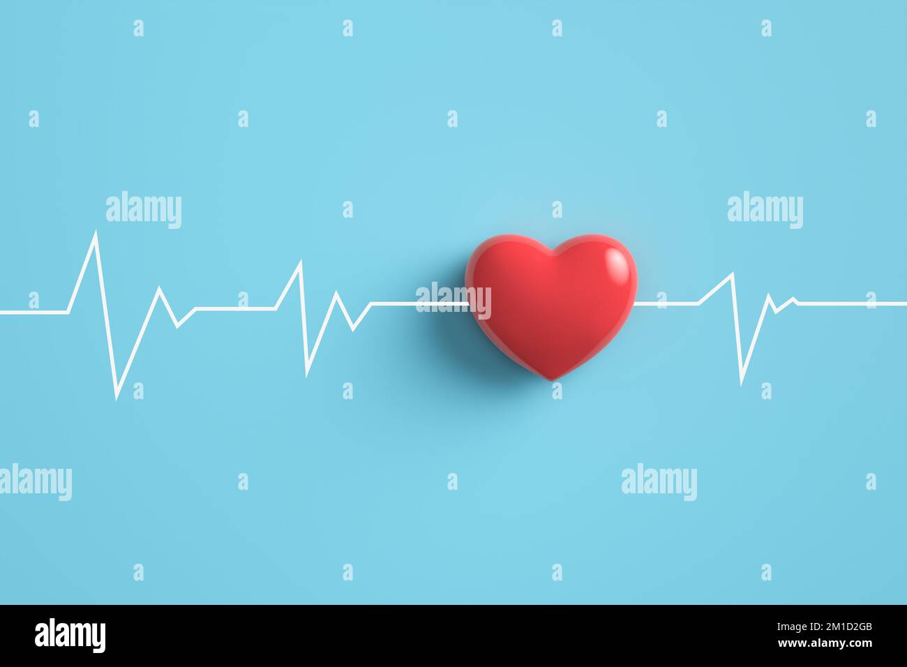 Cardiogram pulse trace with Red heart on pastel blue background. 3D ...