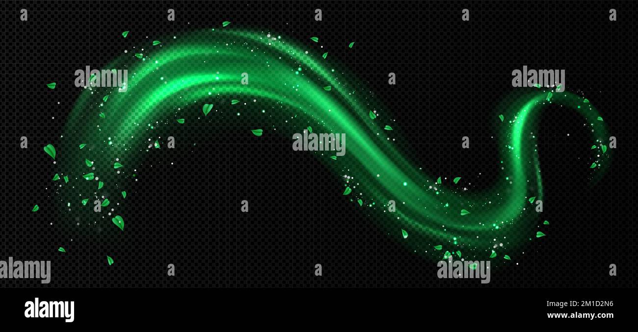 Fresh wind flow with flying green leaves and sparkles. Abstract motion ...