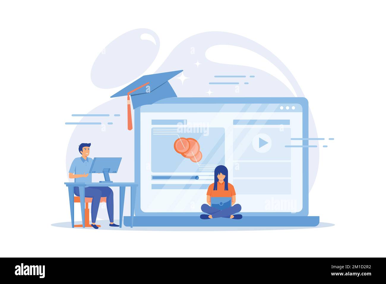 Students using e-learning platform video on laptop and graduation cap ...